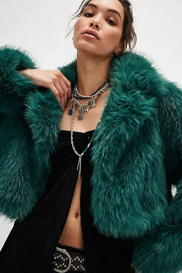 Free People Paris Cropped Faux Fur Jacket - Uncut Emerald